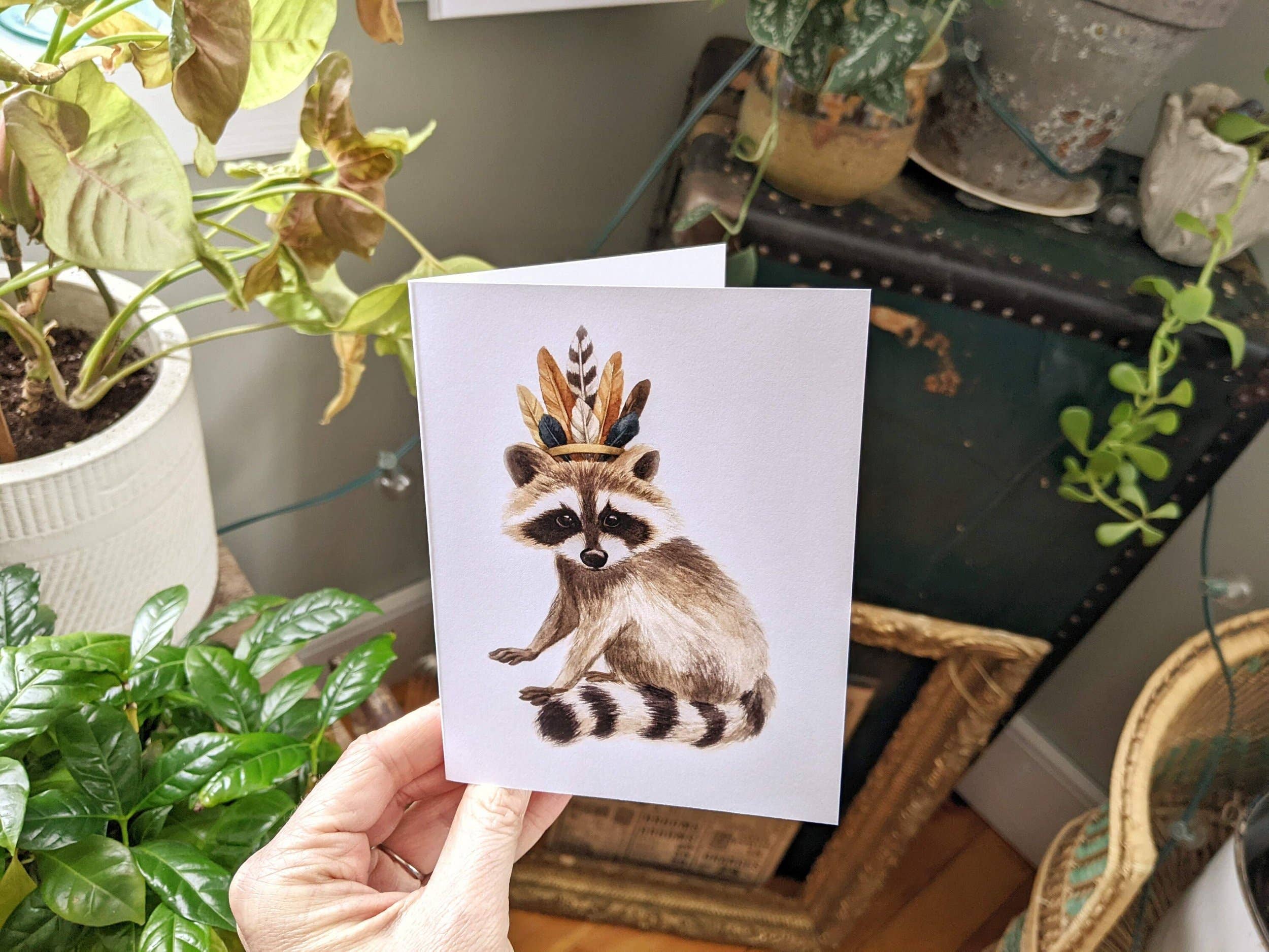 Raccoon With Feather Crown Notecard | Dianne Rodger Jewellery